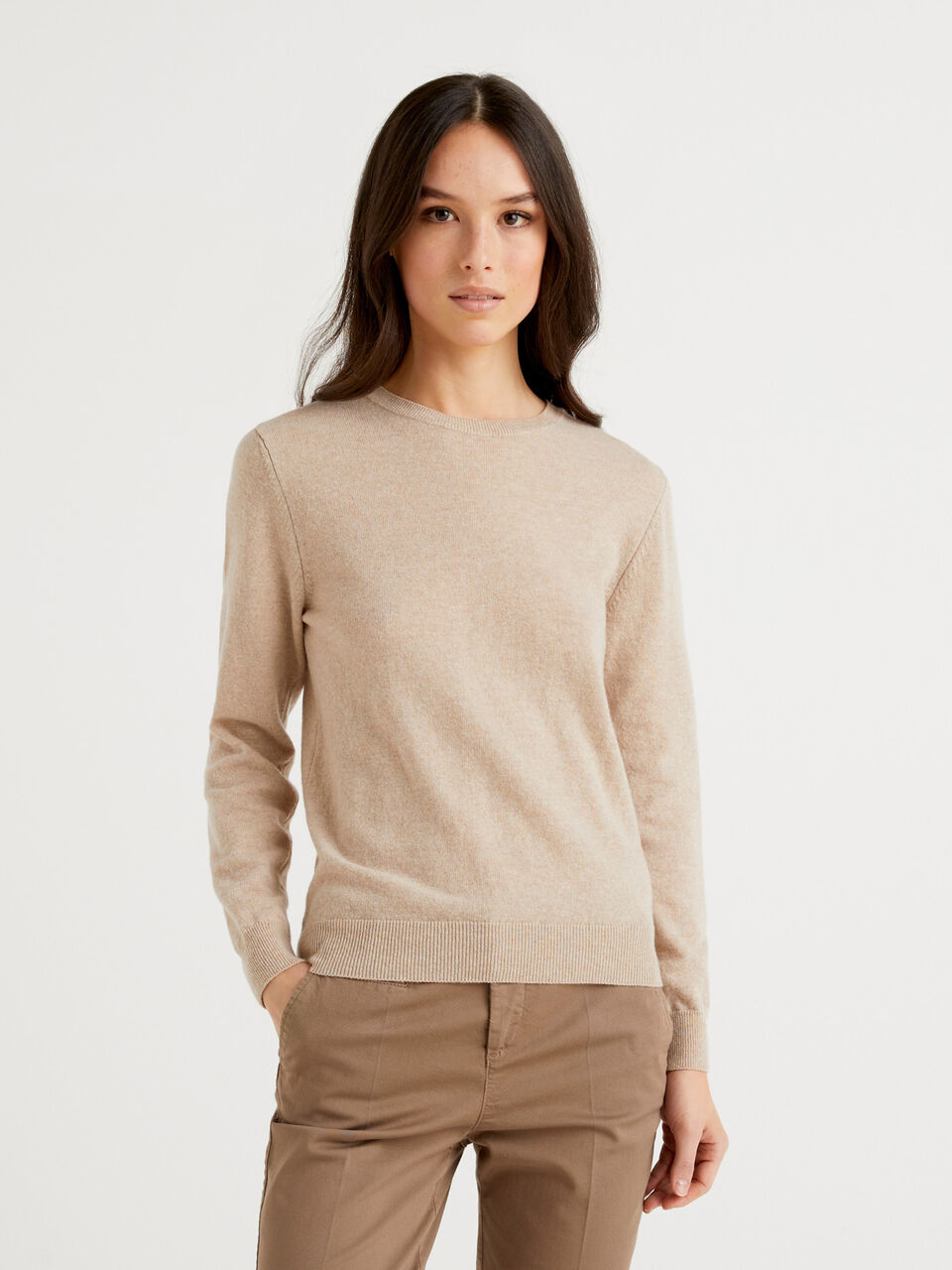 Beige Crew Neck Sweater In Pure Virgin Wool